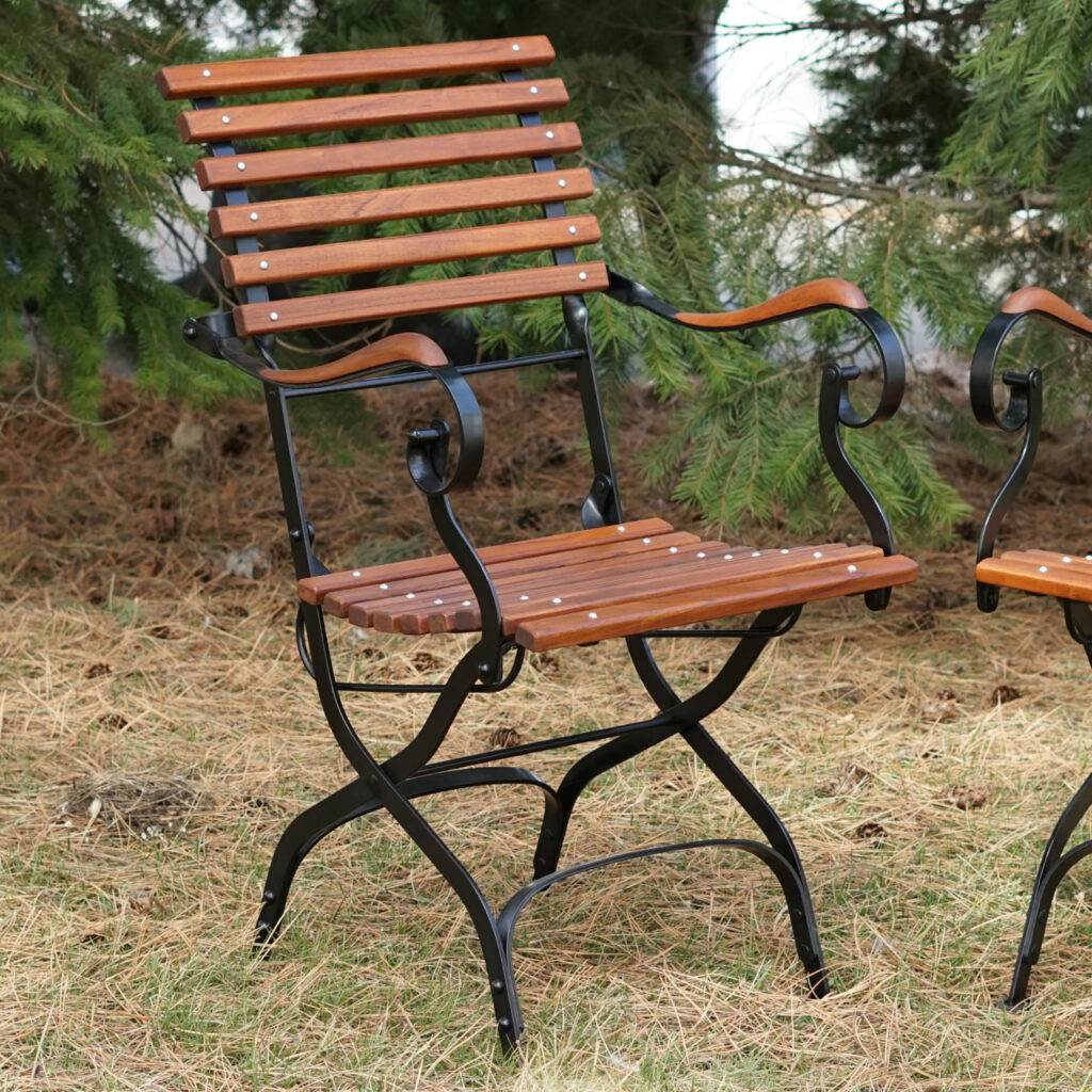 French Provincial Iron and Teak Folding Outdoor Arm Chair - Irongate ...